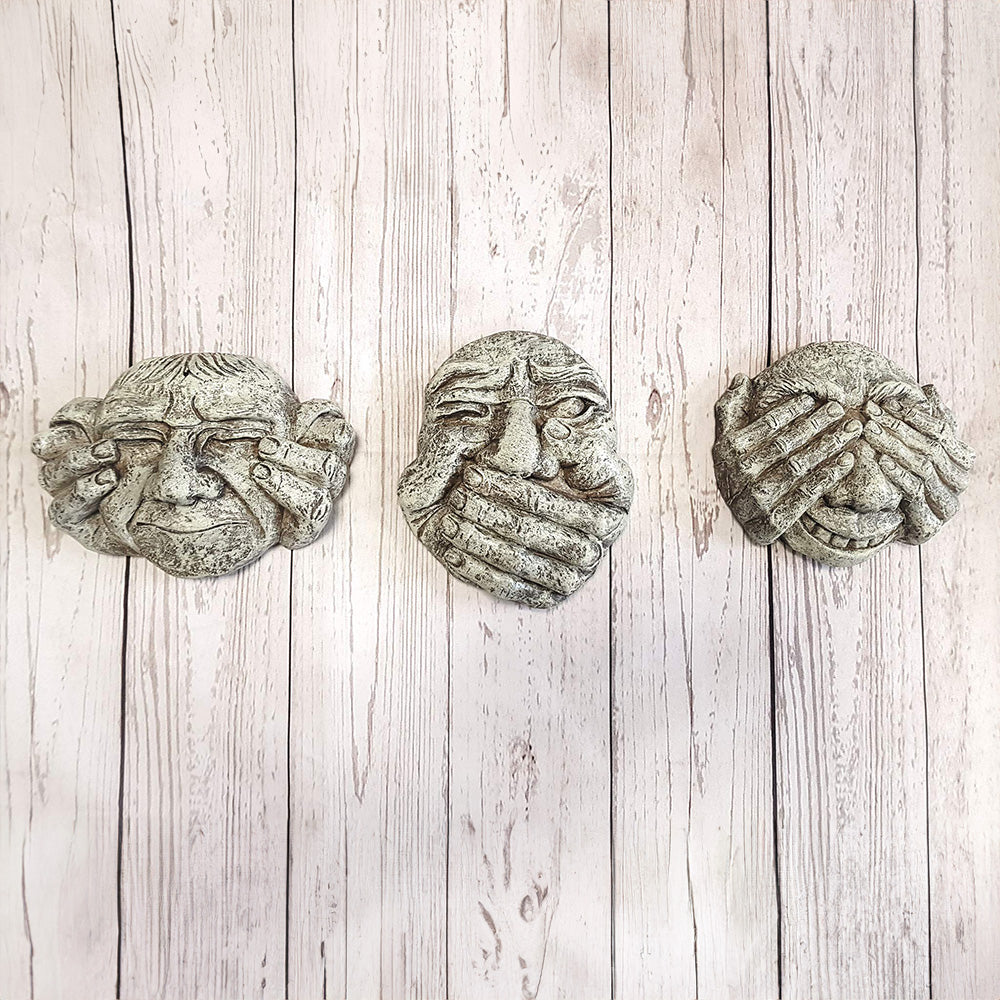 Hear See & Speak No Evil Gargoyle Set Funny Face Wall Plaques Tree Dec