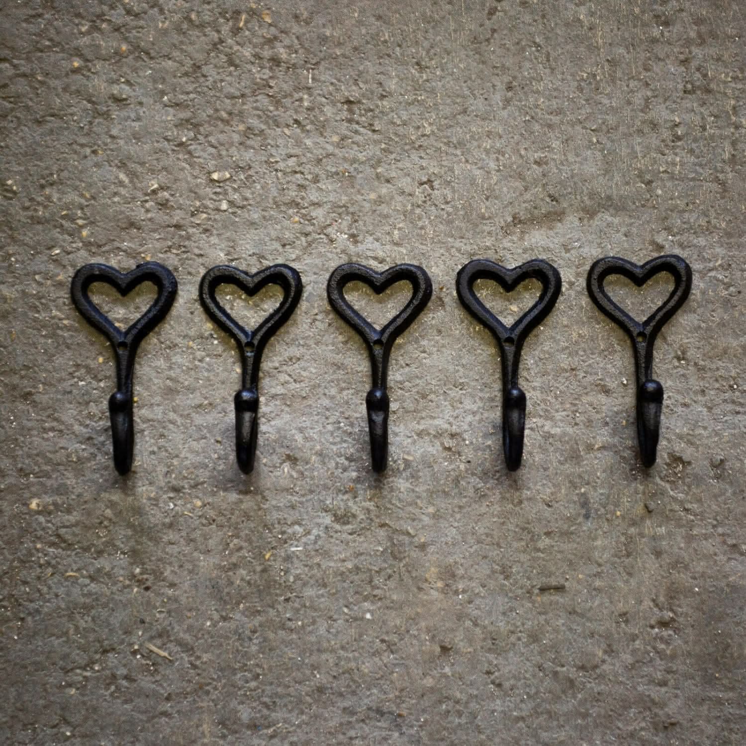 5 x Heart Shaped Wrought Iron Coat Hooks