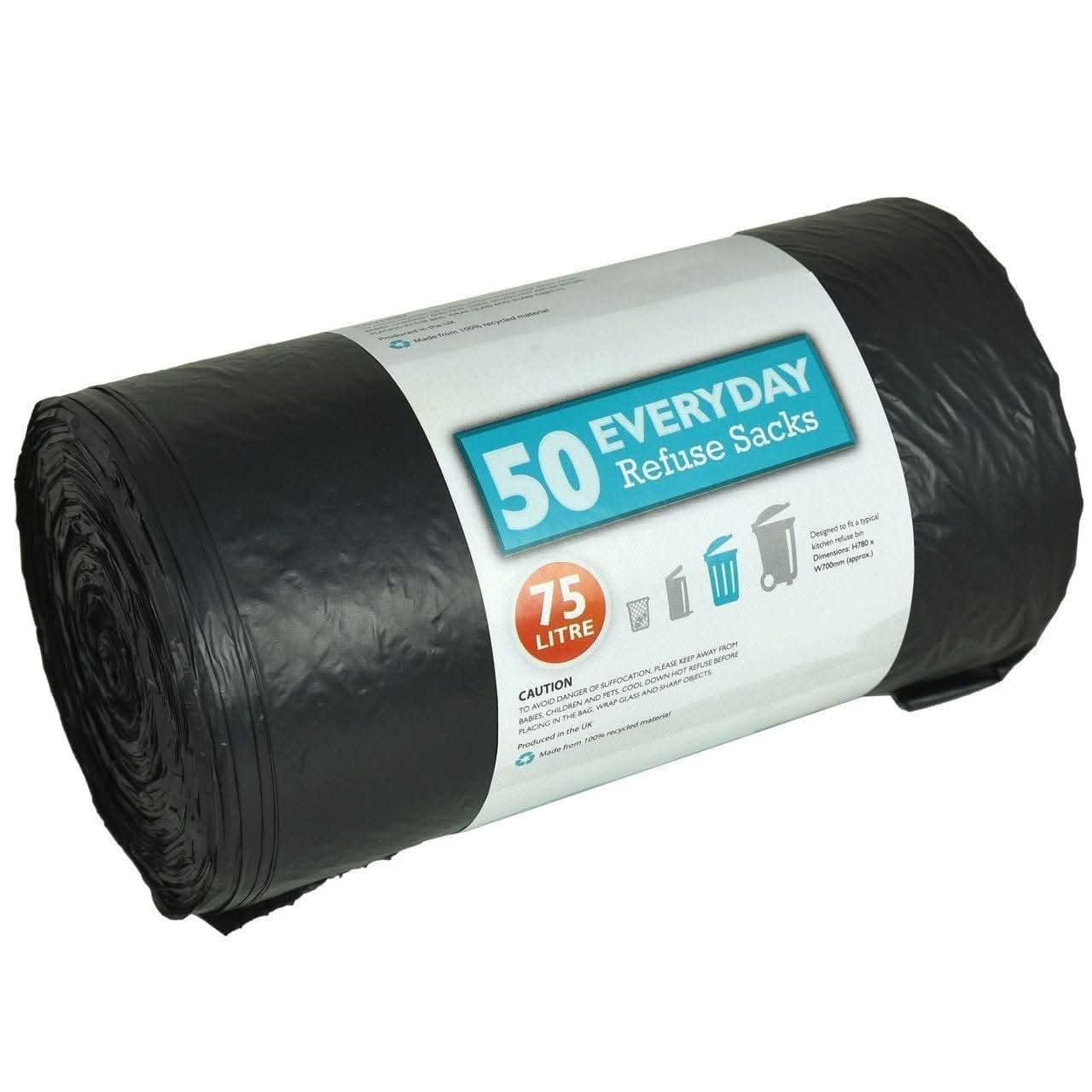 50 Large 75L thick black refuse heavy duty rubbish bags
